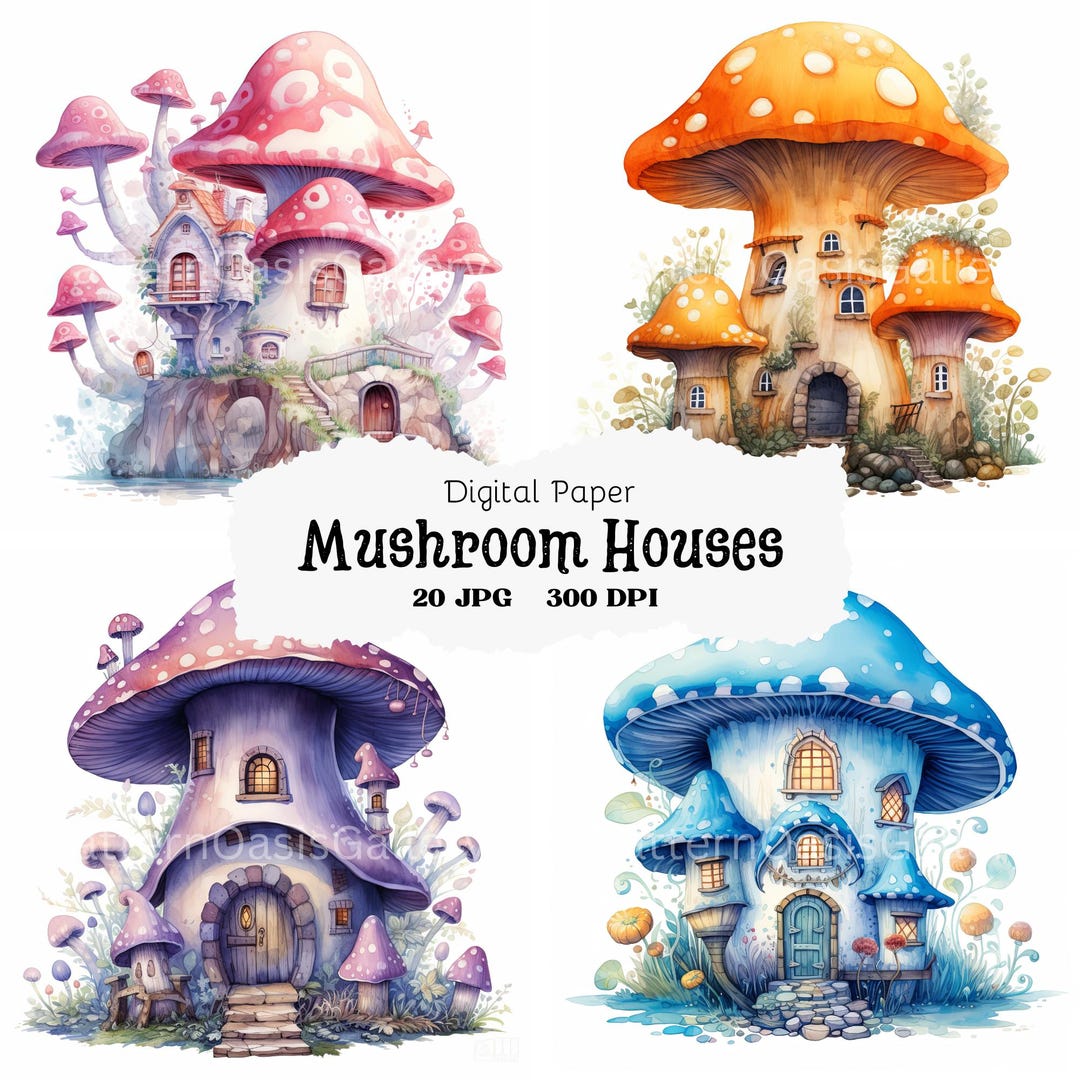 Watercolor Mushroom House Clipart, Fairy Tale Illustration (jpgs) - Etsy