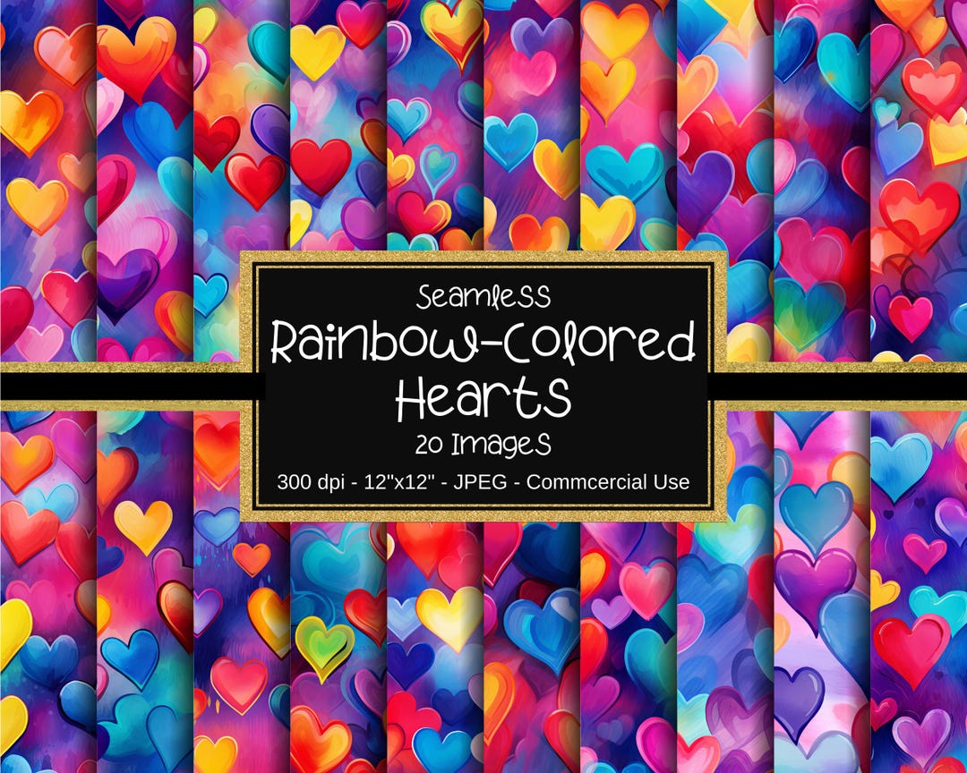 Rainbow Hearts Seamless Digital Paper, Rainbow Colored Hearts Patterns ...