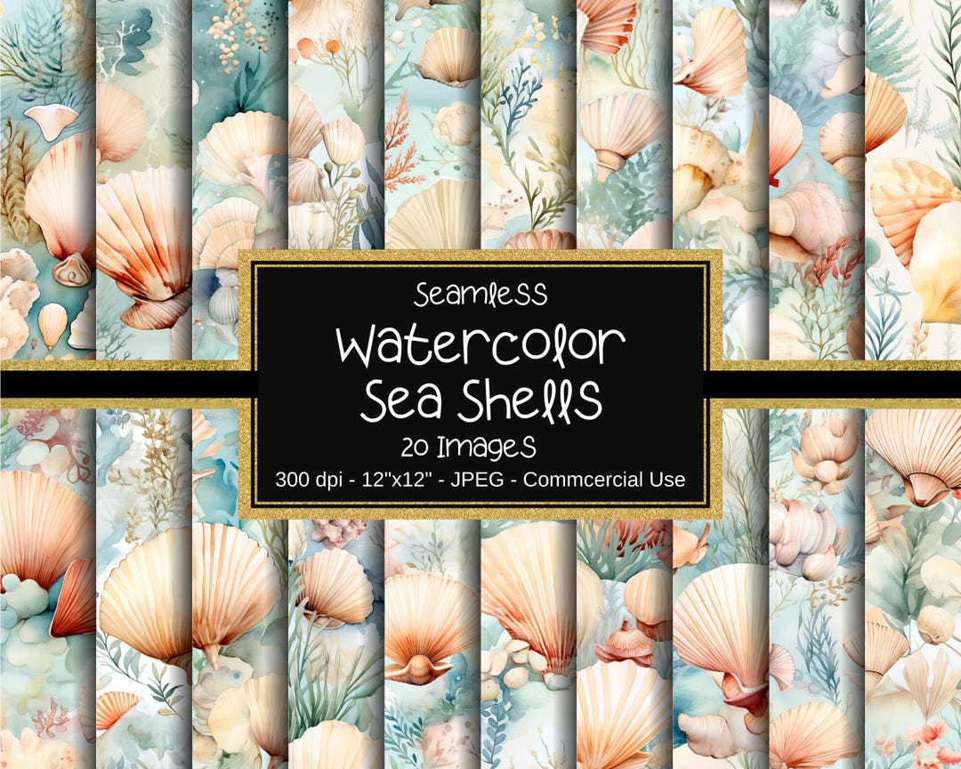 Sea Shells Seamless Patterns, Watercolor Seashells Digital Paper, 20 ...
