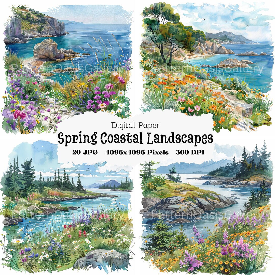 20 Coastal Spring Landscape Clipart, 20 Jpgs, Watercolor Seaside ...