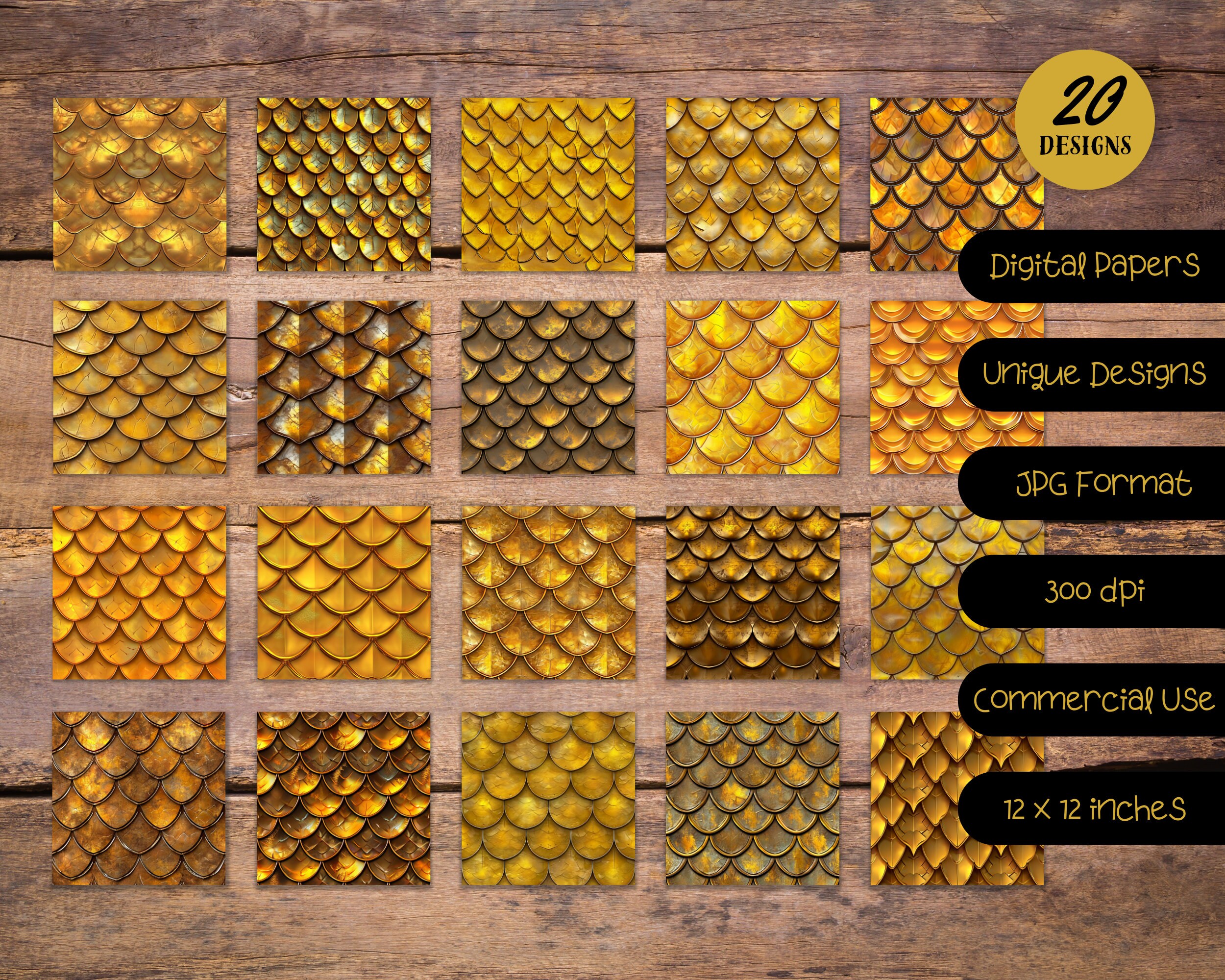 Dragon Scales Seamless Digital Paper, Yellow Bronze Dragon Scales ...