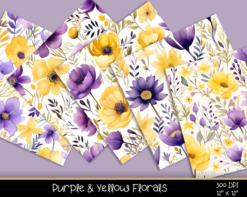 Purple and Yellow Floral Seamless Patterns, Purple and Yellow Digital ...