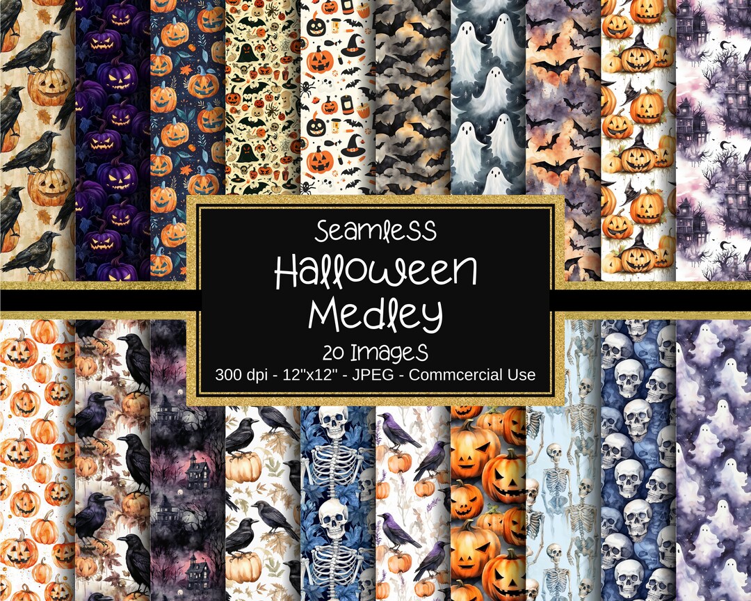 Watercolor Halloween Seamless Patterns, Halloween Digital Papers, 20 ...