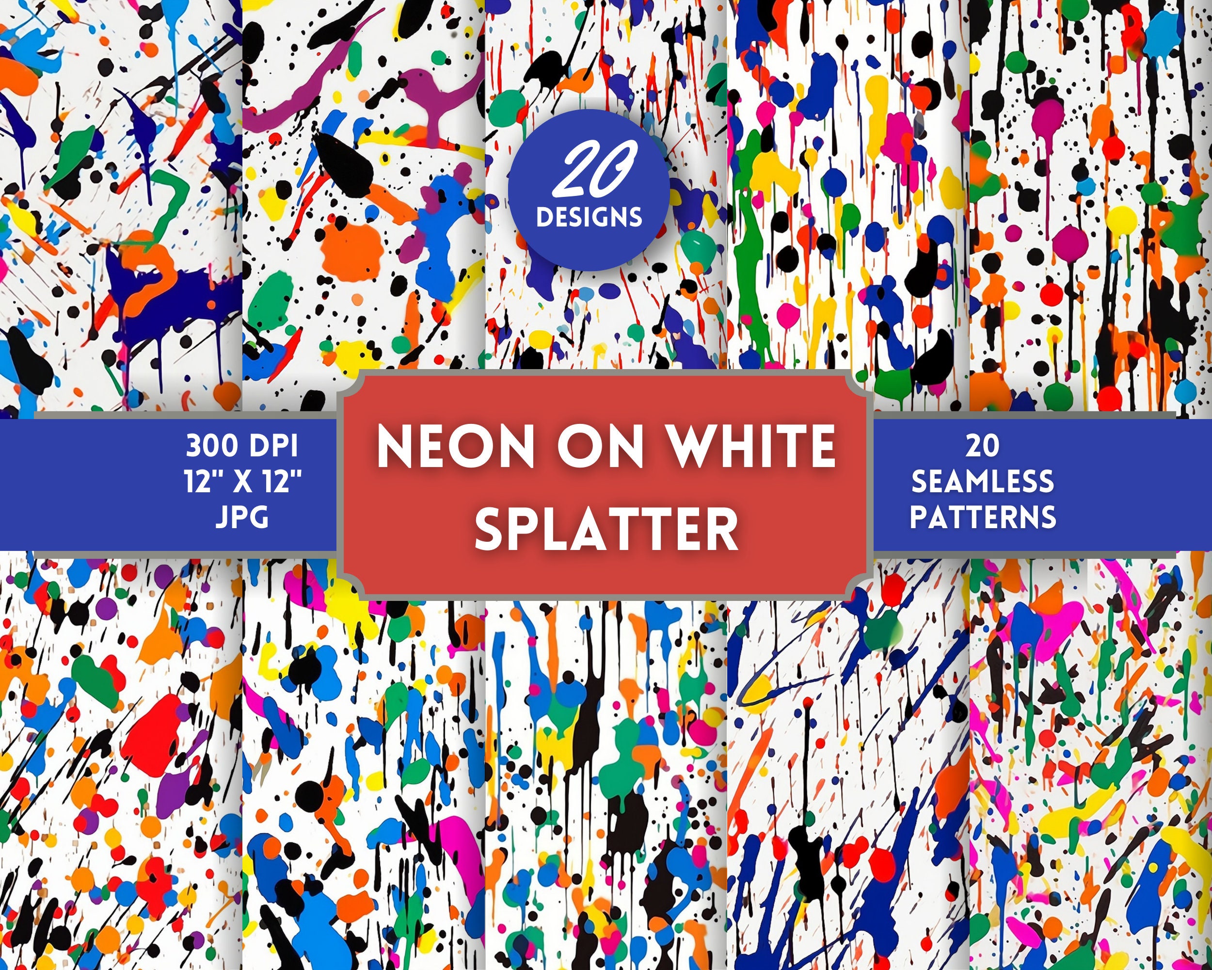 Neon on White Paint Splatter Seamless Digital Paper Neon White Splatter ...