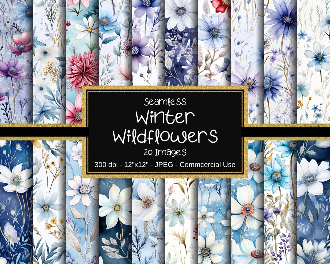 Winter Wildflowers Seamless Digital Papers, Snowy Wildflower Patterns ...