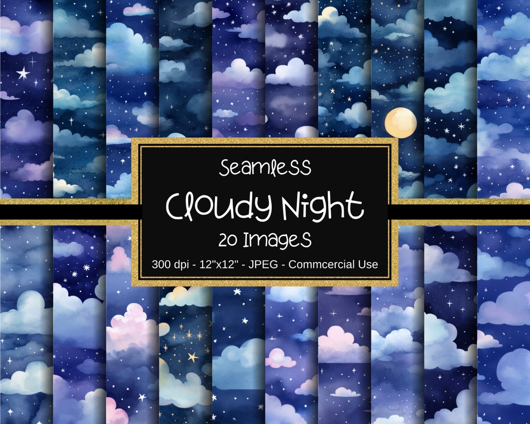 Cloudy Night Seamless Digital Paper, Watercolor Cloudy Night Patterns ...