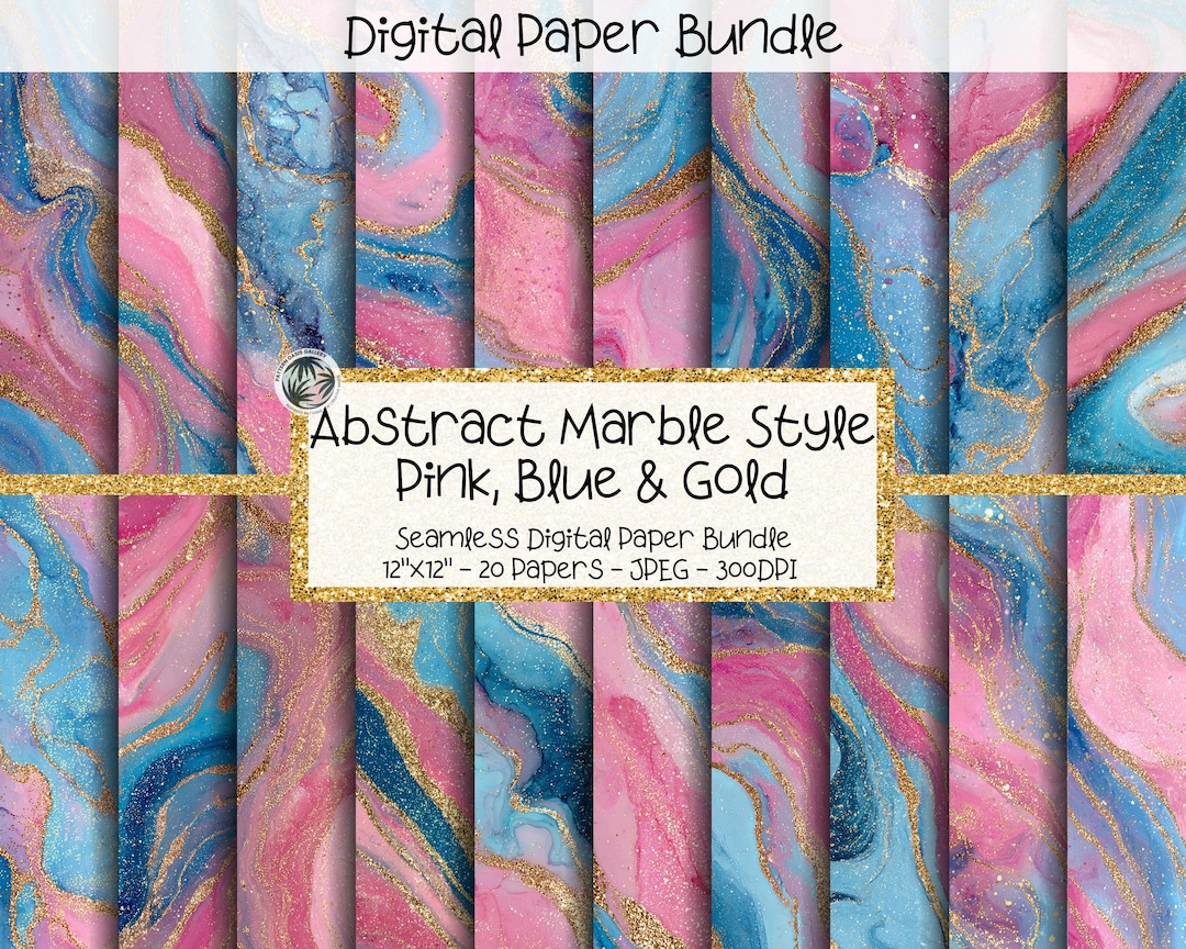 Marble Digital Paper Bundle, Seamless Pink Blue Gold Ink Backgrounds ...