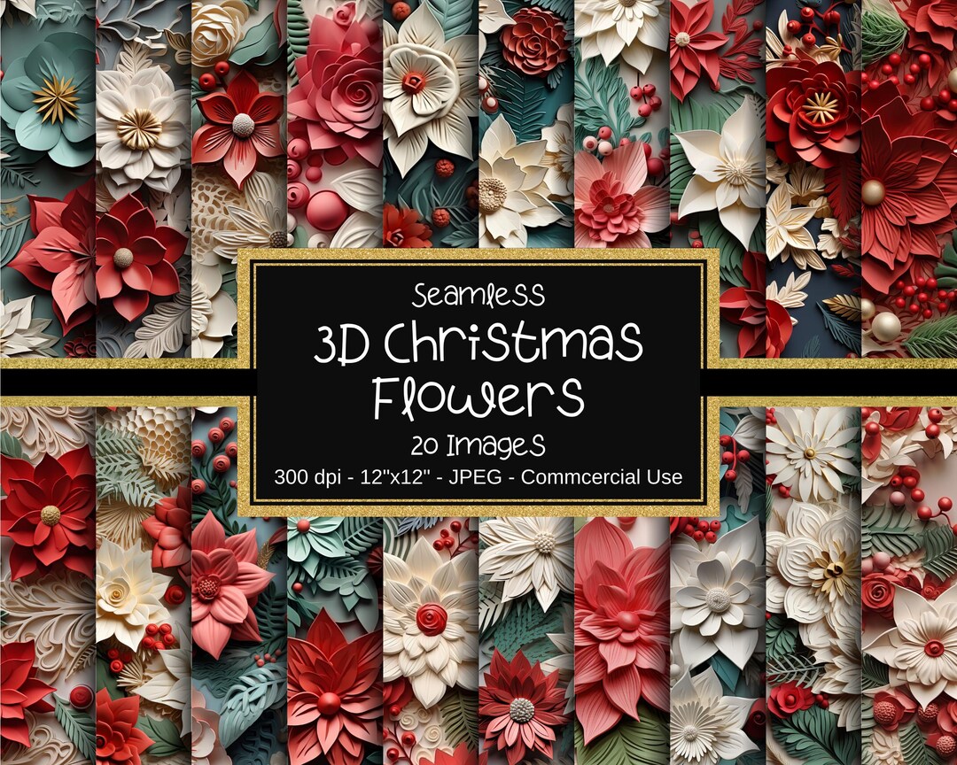 3D Christmas Flowers Seamless Digital Papers, 3D Floral Seamless ...