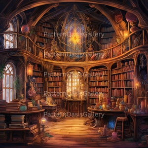 20 Designs of Magical Library Images, Wizards Library, Watercolor ...