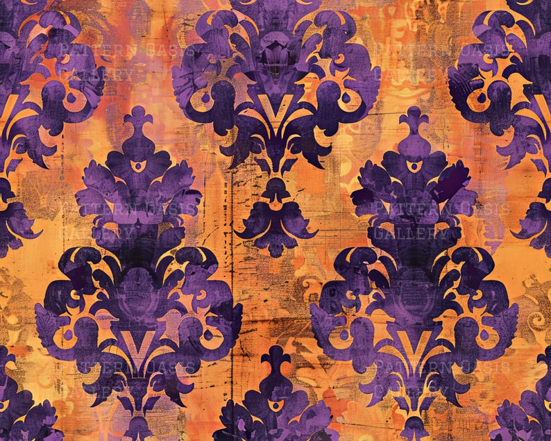 Orange and Purple Damask Seamless Digital Paper, Distressed Vintage ...