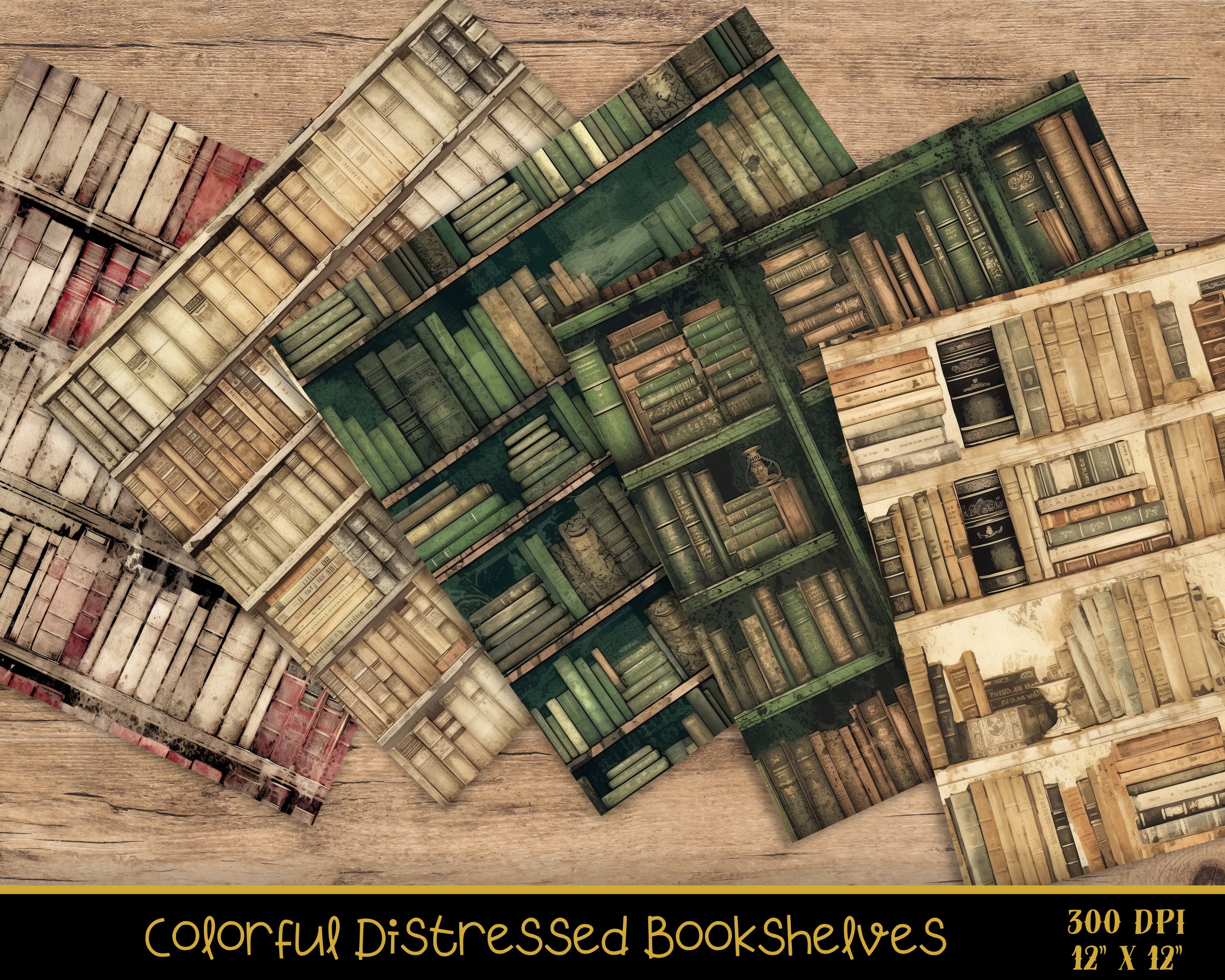 Bookshelf Digital Paper Pack Distressed and Vintage, Colorful, Library ...