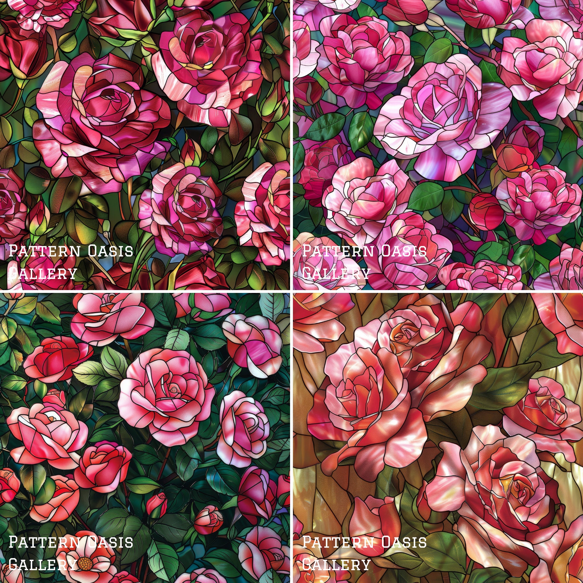 Pink Roses Stained Glass Seamless Digital Papers, Instant Download ...