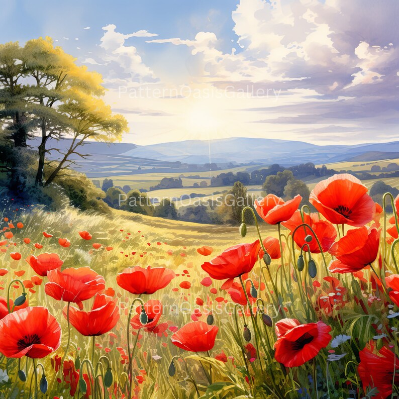 Poppy Field Backgrounds, 20 High Quality Designs, JPG, Digital Planner ...