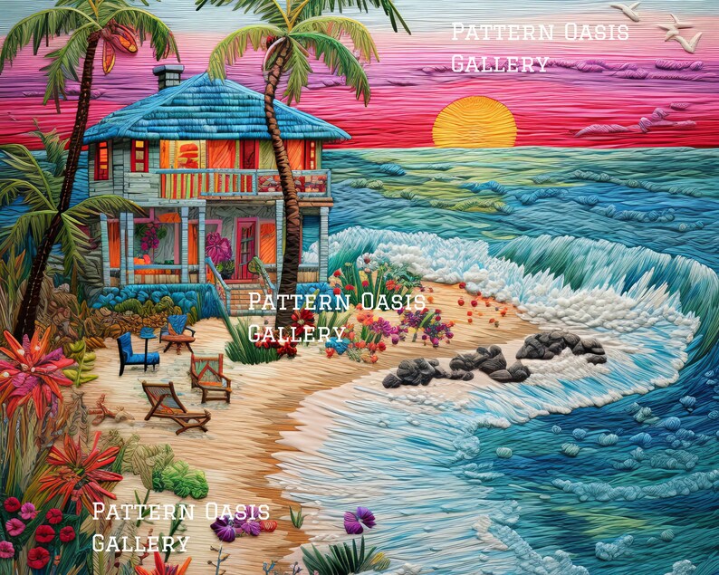 Beach Cottage Embroidered Digital Paper, Beach House Embroidery, 20 ...