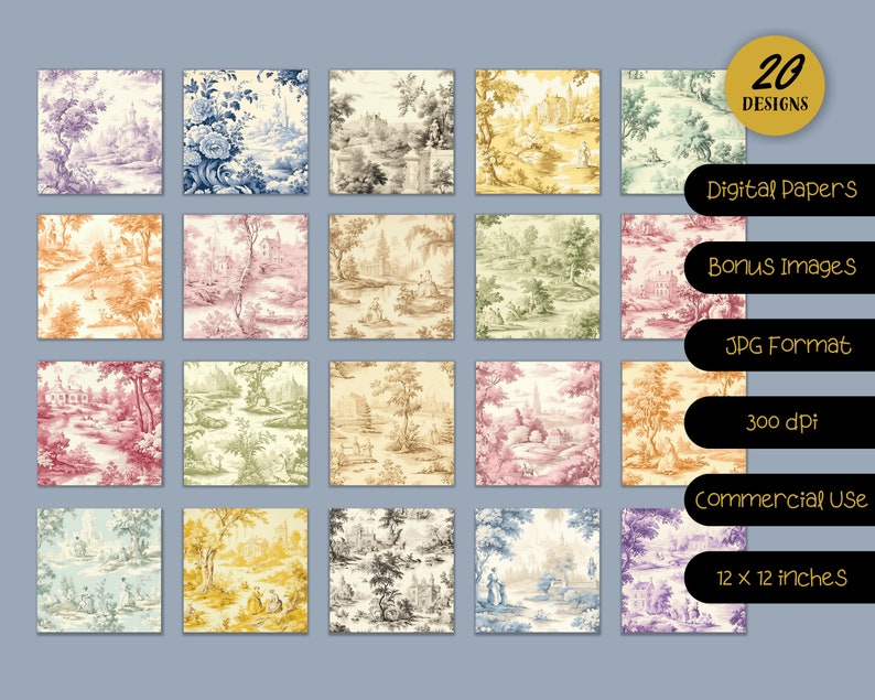 French Toile De Jouy Digital Papers, 20 Images, 12x 12, Colorful Toile ...
