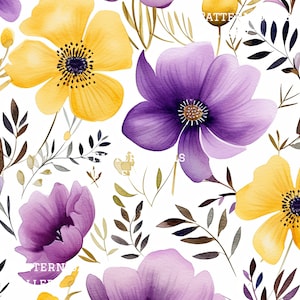 Purple and Yellow Floral Seamless Patterns, Purple and Yellow Digital ...