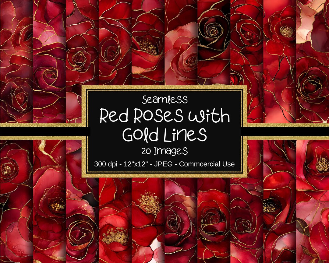 Alcohol Ink Red Roses Seamless Digital Paper, Illustrative Gold Lines ...