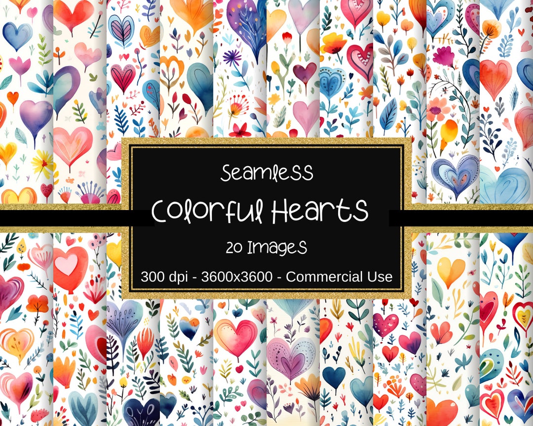 Seamless Hearts Digital Paper, Colorful Watercolor Hearts Pattern ...