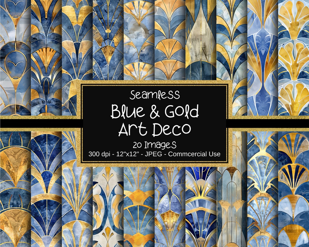 Art Deco Seamless Digital Paper, Blue and Gold Art Deco Patterns ...