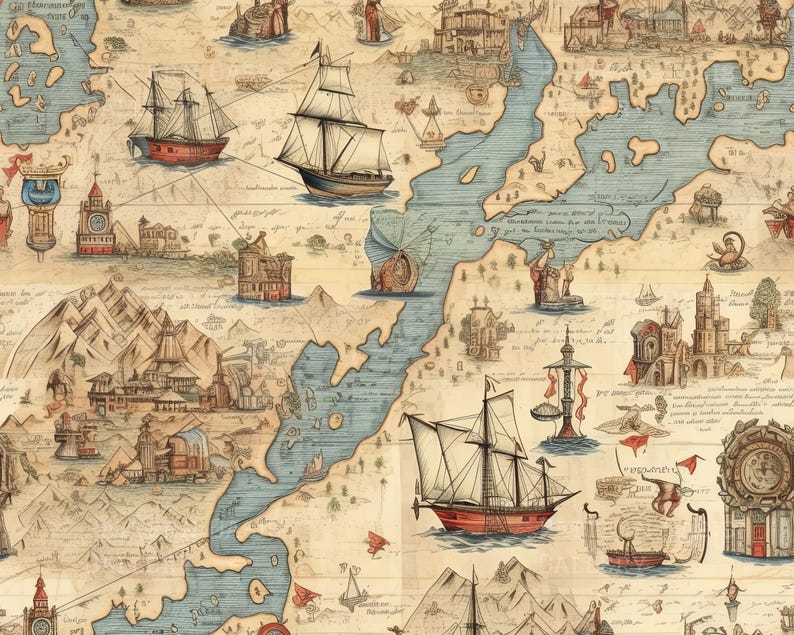 Fantasy Maps Seamless Patterns - 20 Old World Map Designs, 12"x12 ...