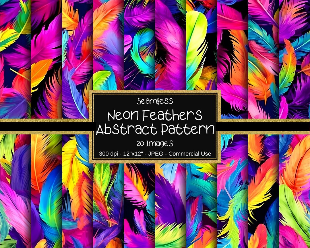 Neon Style Feathers Digital Paper - Seamless Pattern Pack, Instant ...