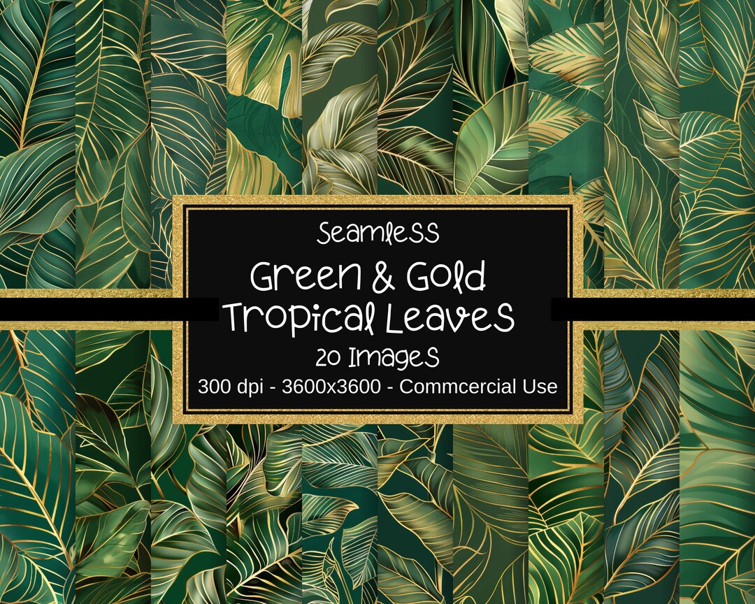 Green and Gold Tropical Leaves SEAMLESS Digital Paper, Jungle Leave ...
