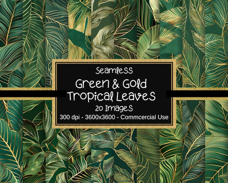 Green and Gold Tropical Leaves SEAMLESS Digital Paper, Jungle Leave ...
