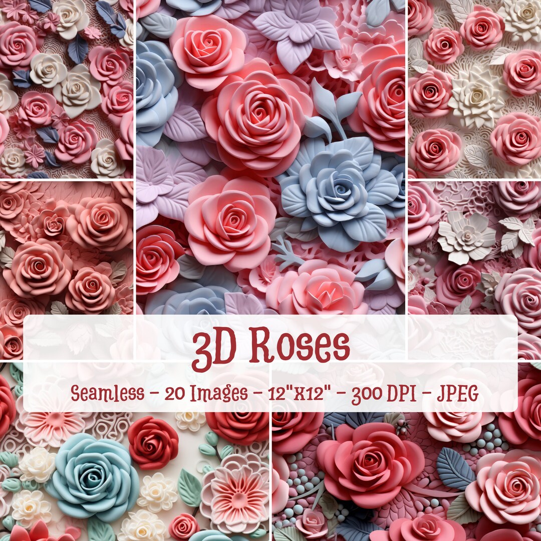 3D Roses Digital Paper, Seamless Flower Pattern, Floral Backgrounds, 20 ...
