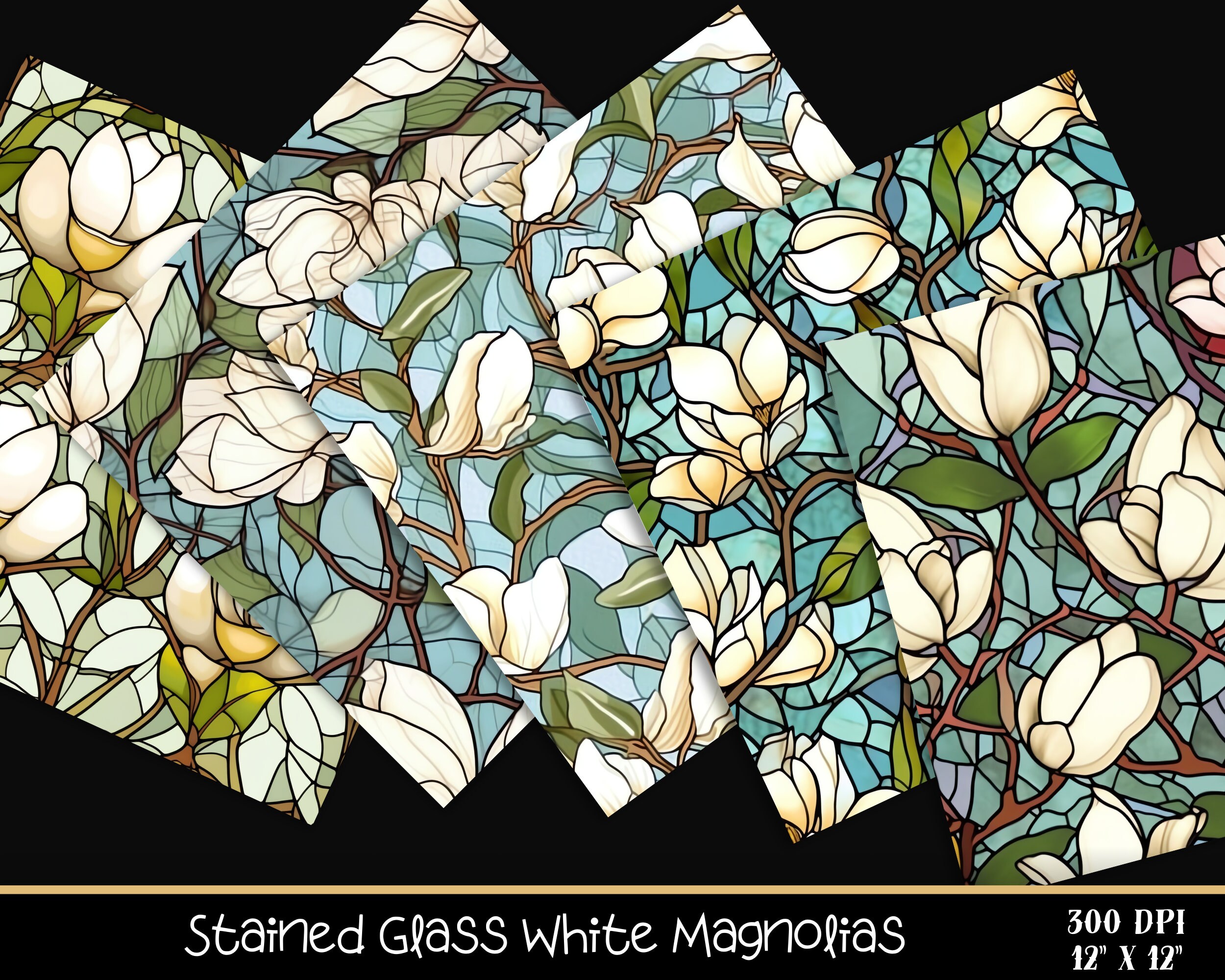 Stained Glass White Magnolias Seamless Patterns, Magnolias Digital ...