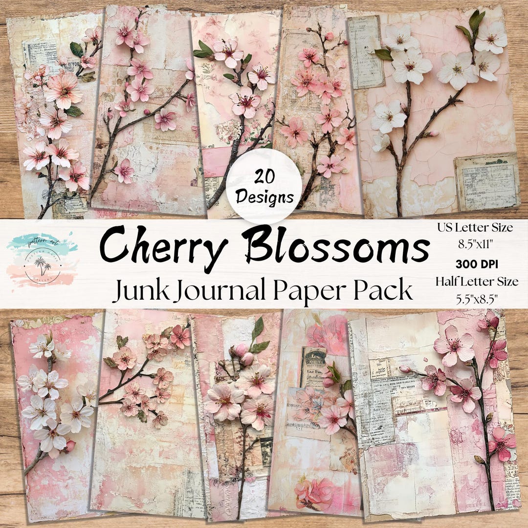 Cherry Blossom Junk Journal Pages, Full and Half Papers, Distressed ...