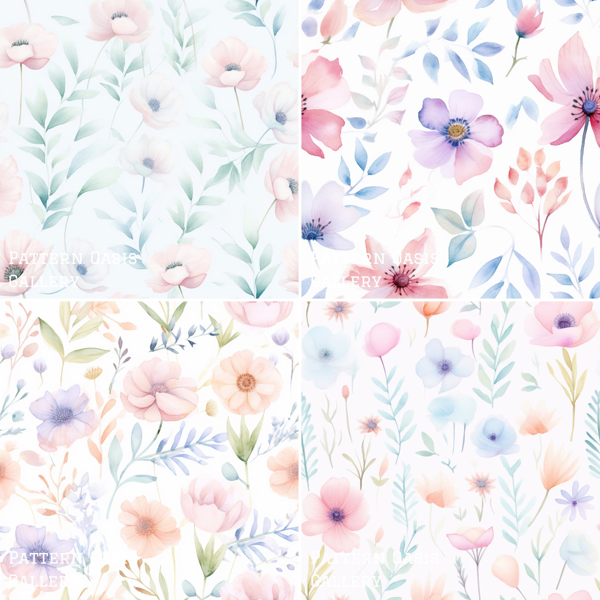 Pastel Flowers Seamless Digital Paper, Floral Watercolor Painting ...