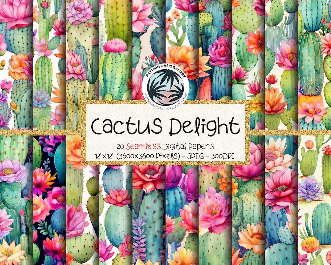 Cactus Delight Seamless Patterns, Watercolor Cactus Digital Paper, 12 ...