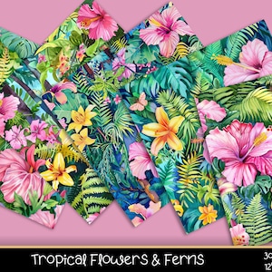 Tropical Flowers Seamless Digital Paper, Tropical Flowers and Ferns Patterns, 12"x12, 20 Images ...