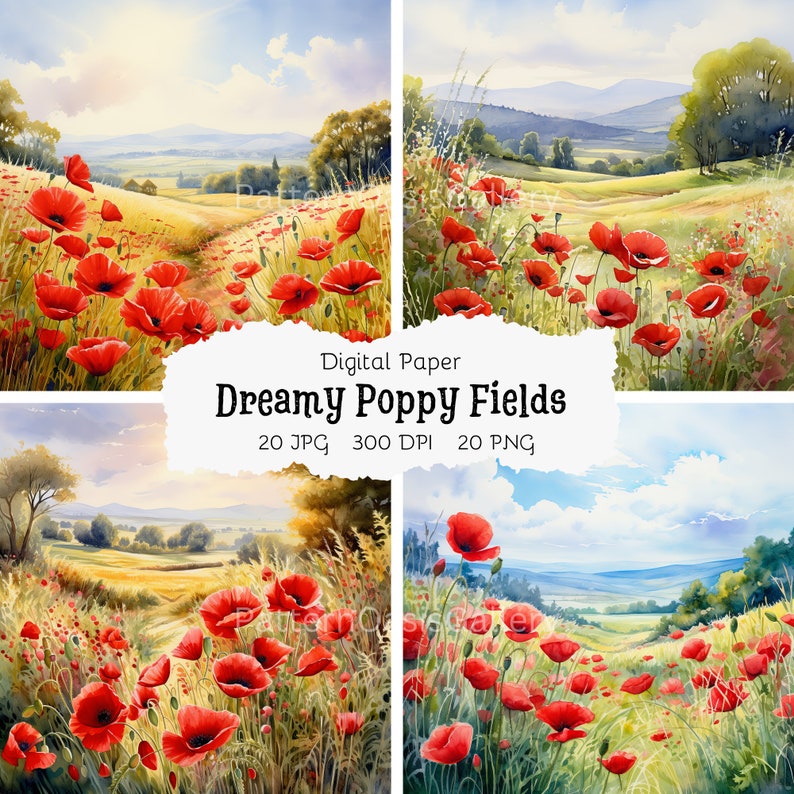 Poppy Field Backgrounds, 20 High Quality Designs, JPG, Digital Planner ...