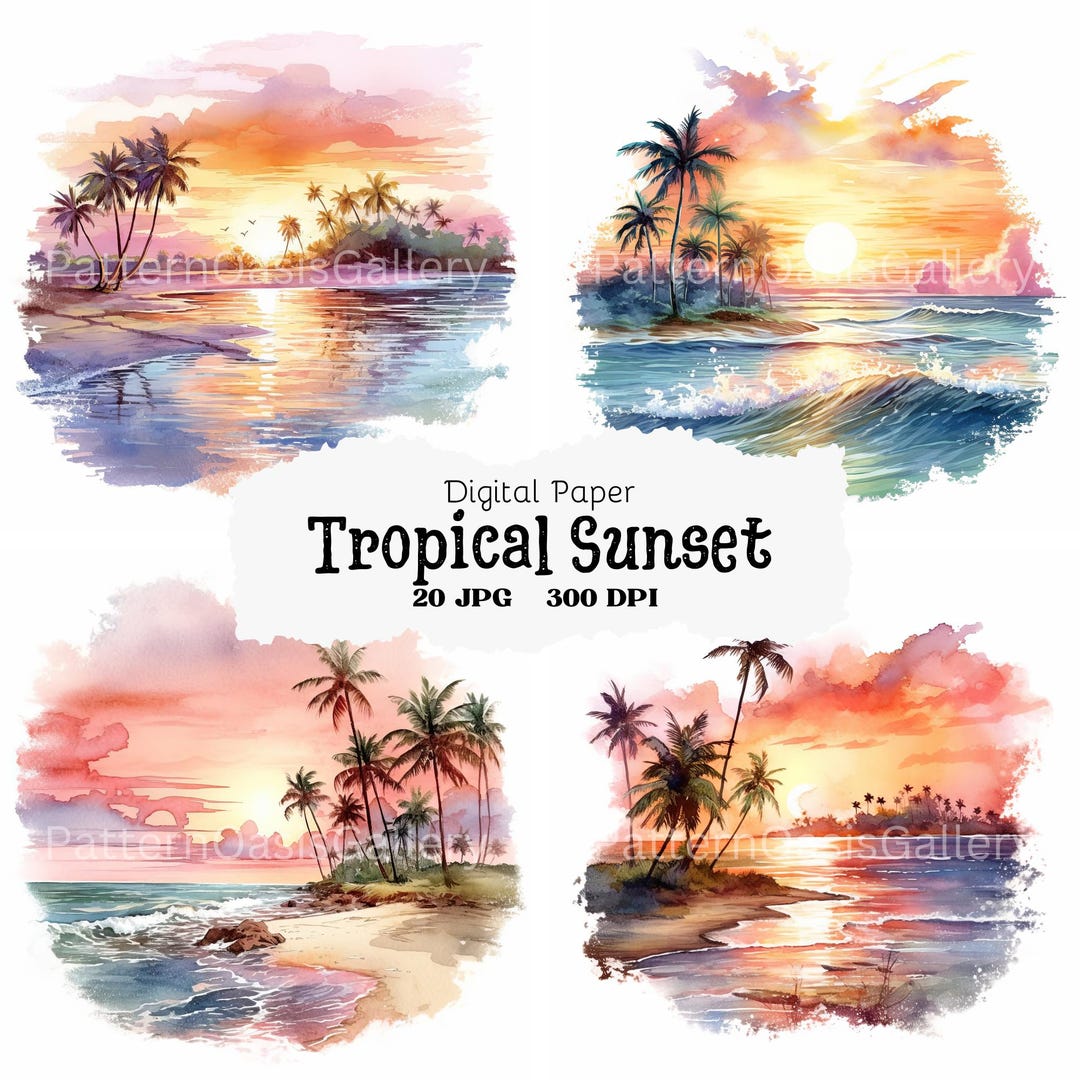 20 Tropical Sunset Clipart, Watercolor Sunset Images, Beach Landscape ...