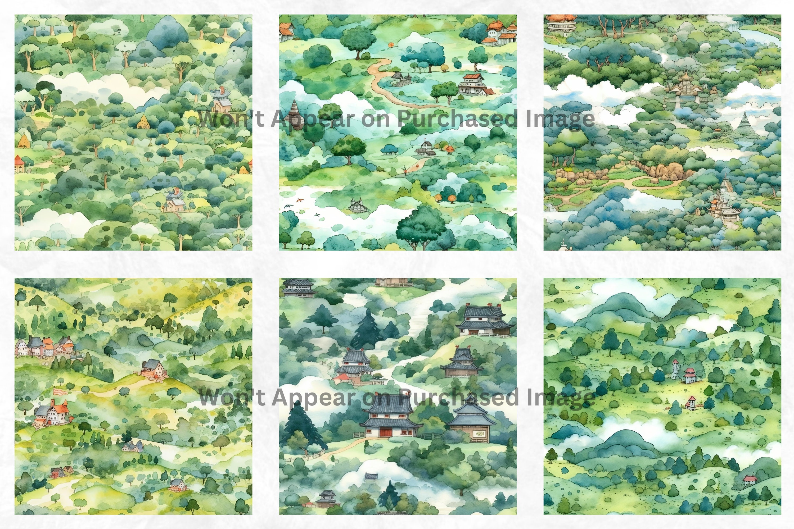 Studio Ghibli Style Seamless Background Patterns, Landscapes, Printable ...