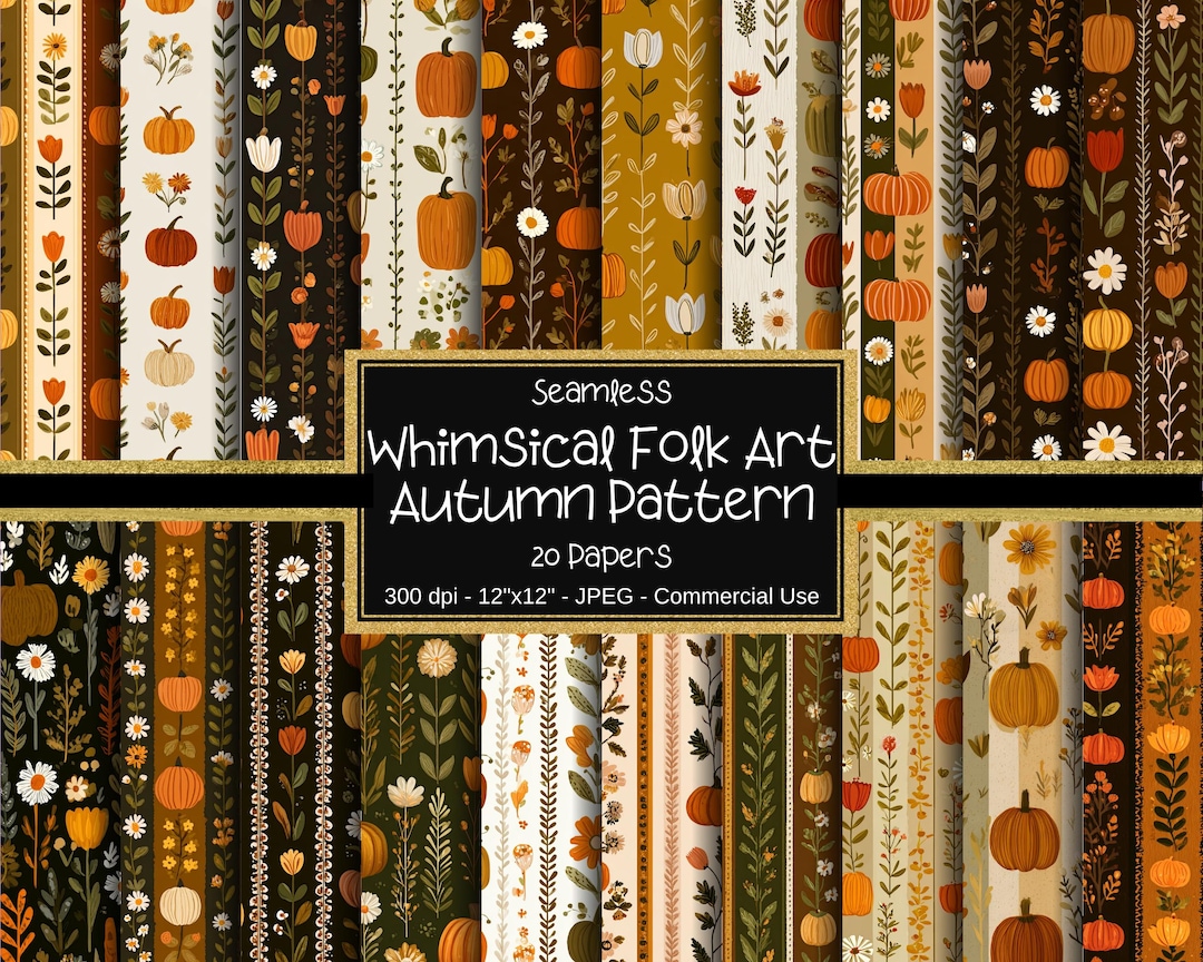Autumn Pumpkin Folk Art Style Seamless Digital Paper, Whimsical Fall ...