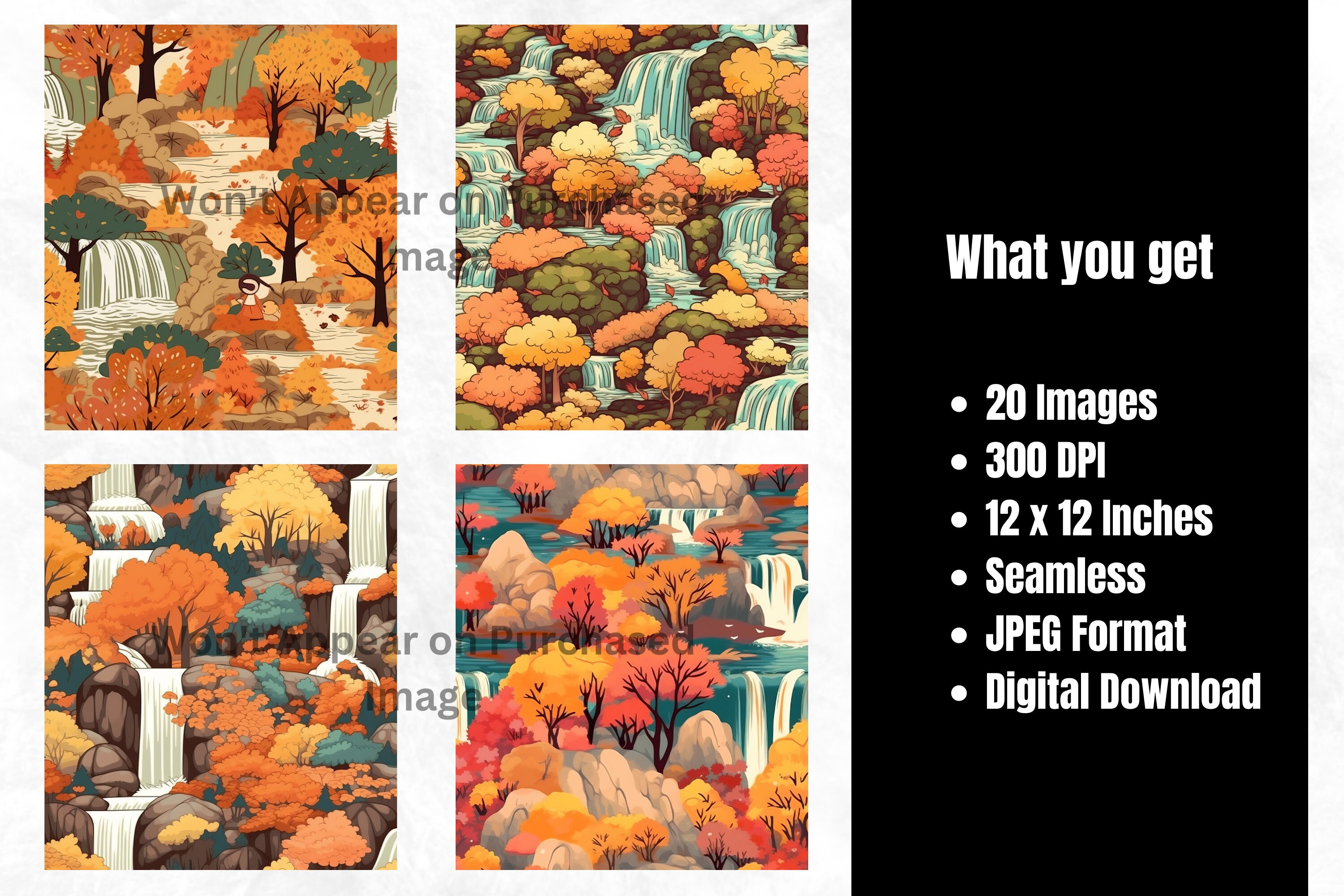 Ghibli Style Waterfalls Seamless Background Patterns, Autumn, Printable Digital Paper, Scrapbook ...