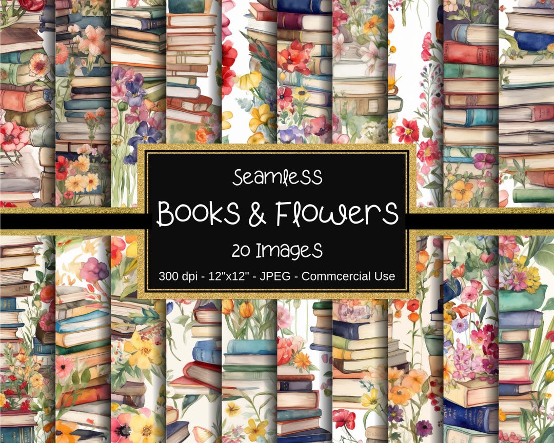 Books and Flowers Digital Paper Pack - Set of 20 High-quality, Instant ...