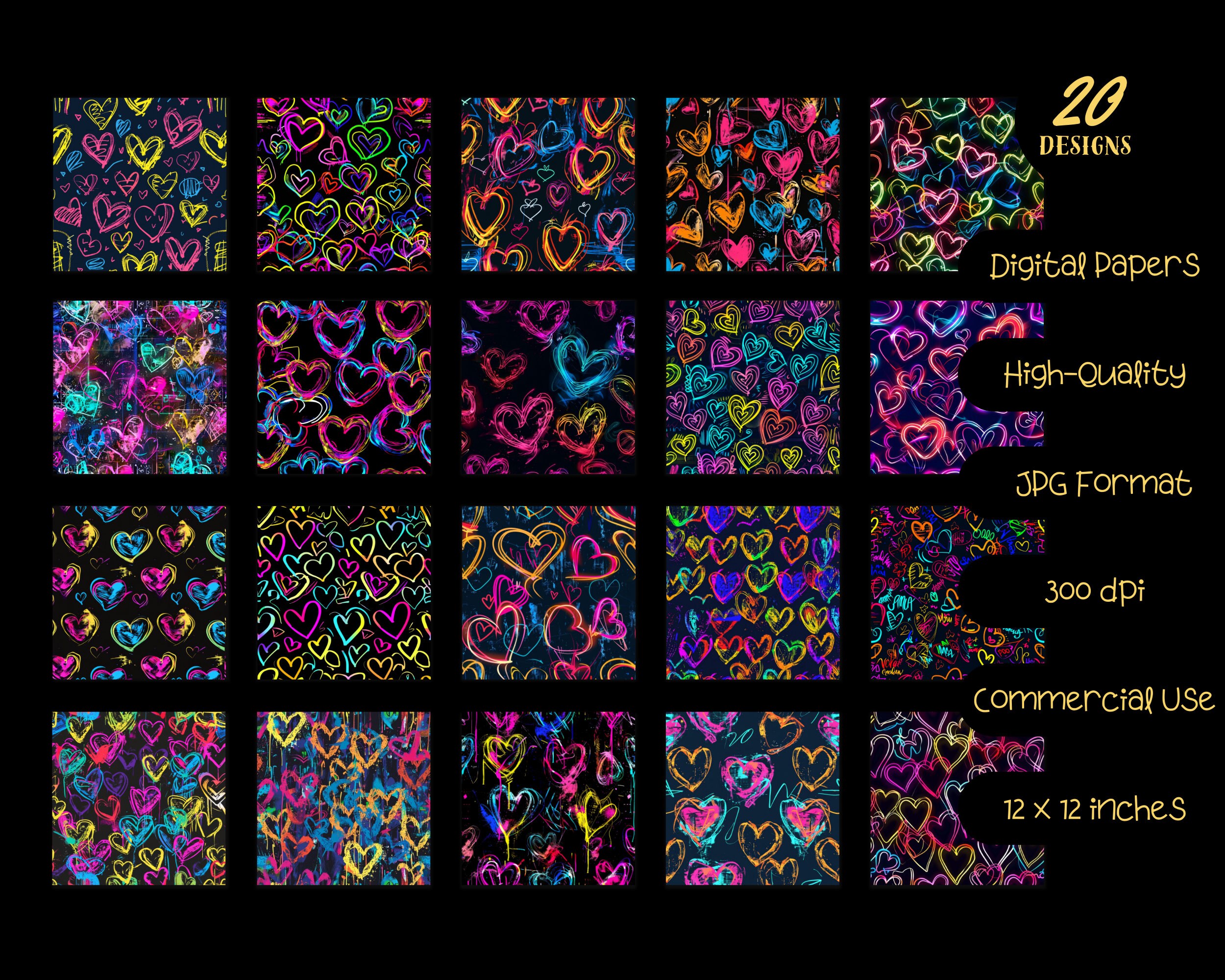 Neon Graffiti Hearts Seamless Digital Paper, Neon Graffiti Backgrounds ...