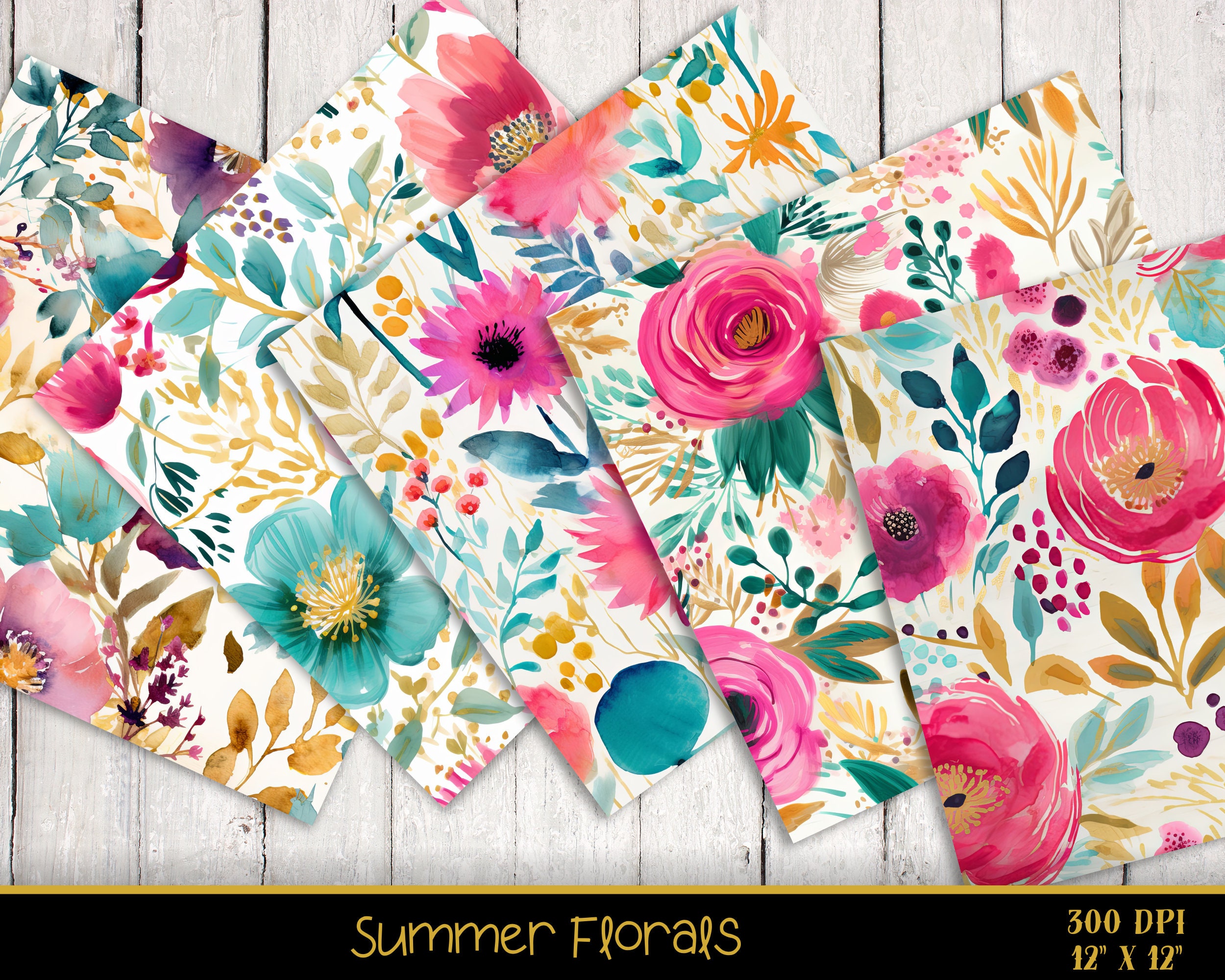 Summer Flowers Seamless Digital Papers, Summer Watercolor Flower ...