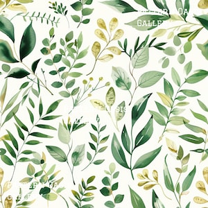 Seamless Watercolor Gentle Leaves Digital Paper, Green, Sage and Gold ...