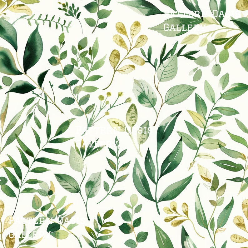 Seamless Watercolor Gentle Leaves Digital Paper, Green, Sage and Gold ...
