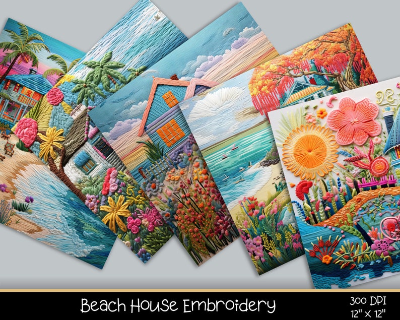 Beach Cottage Embroidered Paper, Beach House Designs (digital Download ...