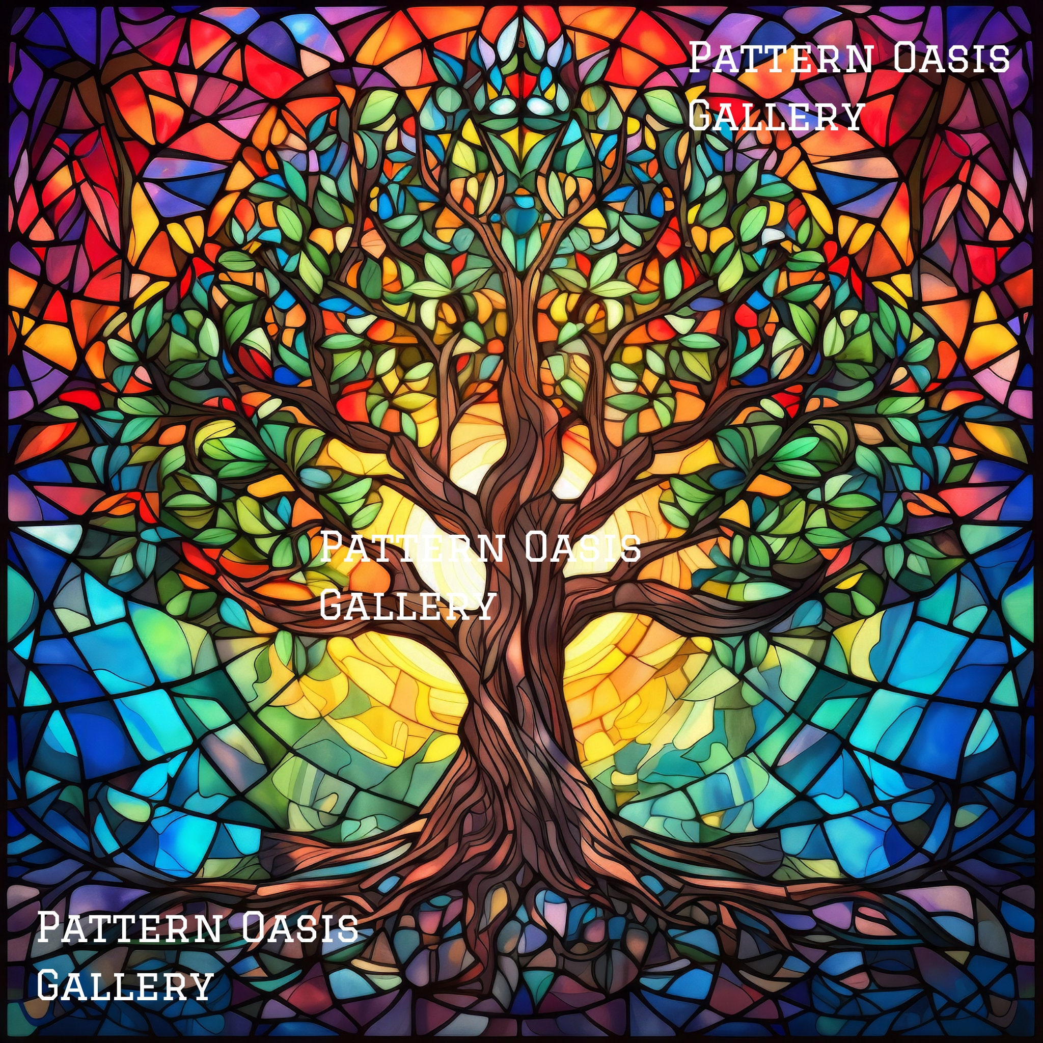 Stained Glass Tree of Life Digital Paper, Trees Stained Glass ...