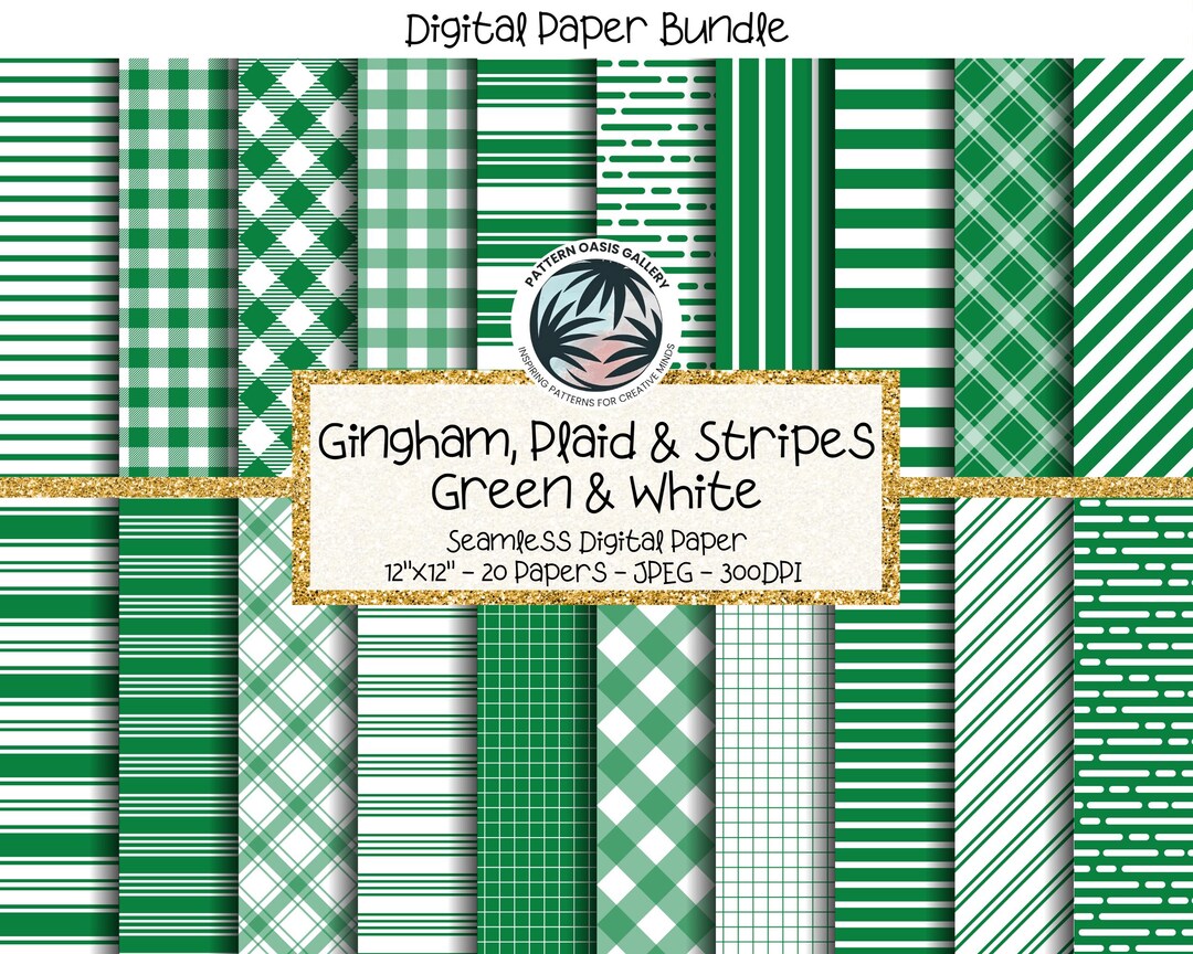 Gingham Plaid Stripes Digital Paper Pack, Seamless Green & White ...