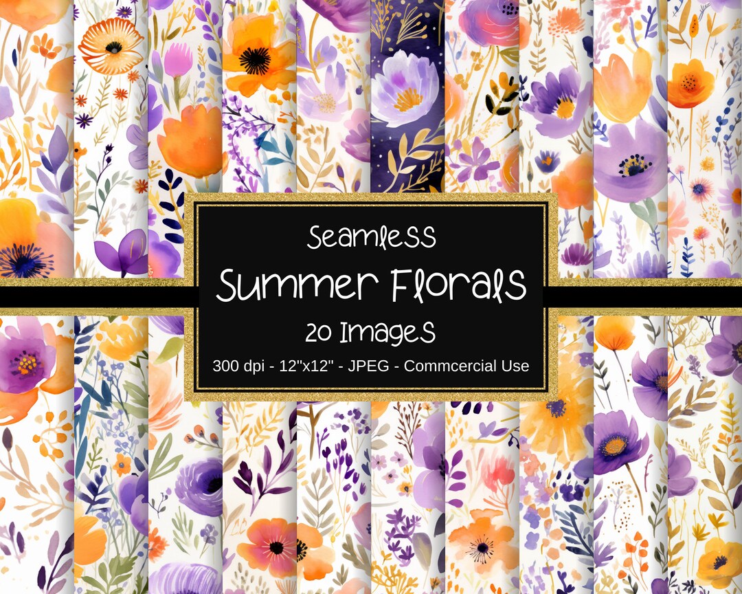 Summer Flowers Seamless Digital Papers, Summer Watercolor Flower ...