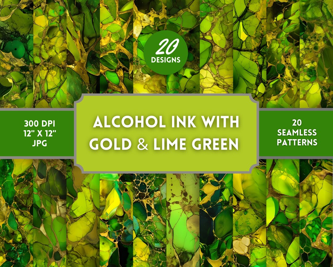 Lime Green and Gold Alcohol Ink Abstract Digital Paper, 20 SEAMLESS ...