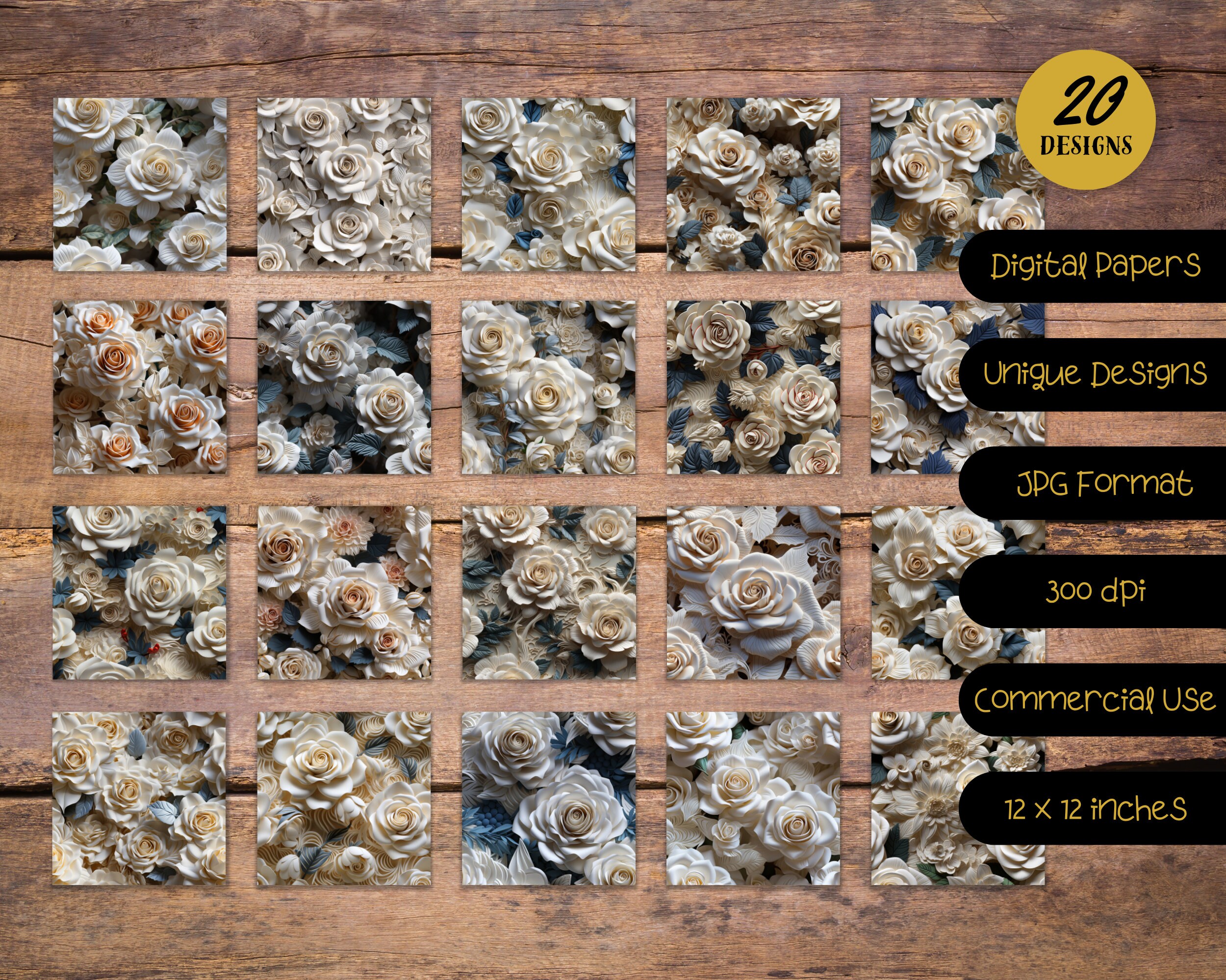 3D White Roses Seamless Digital Paper, Seamless Floral Patterns, 20 ...