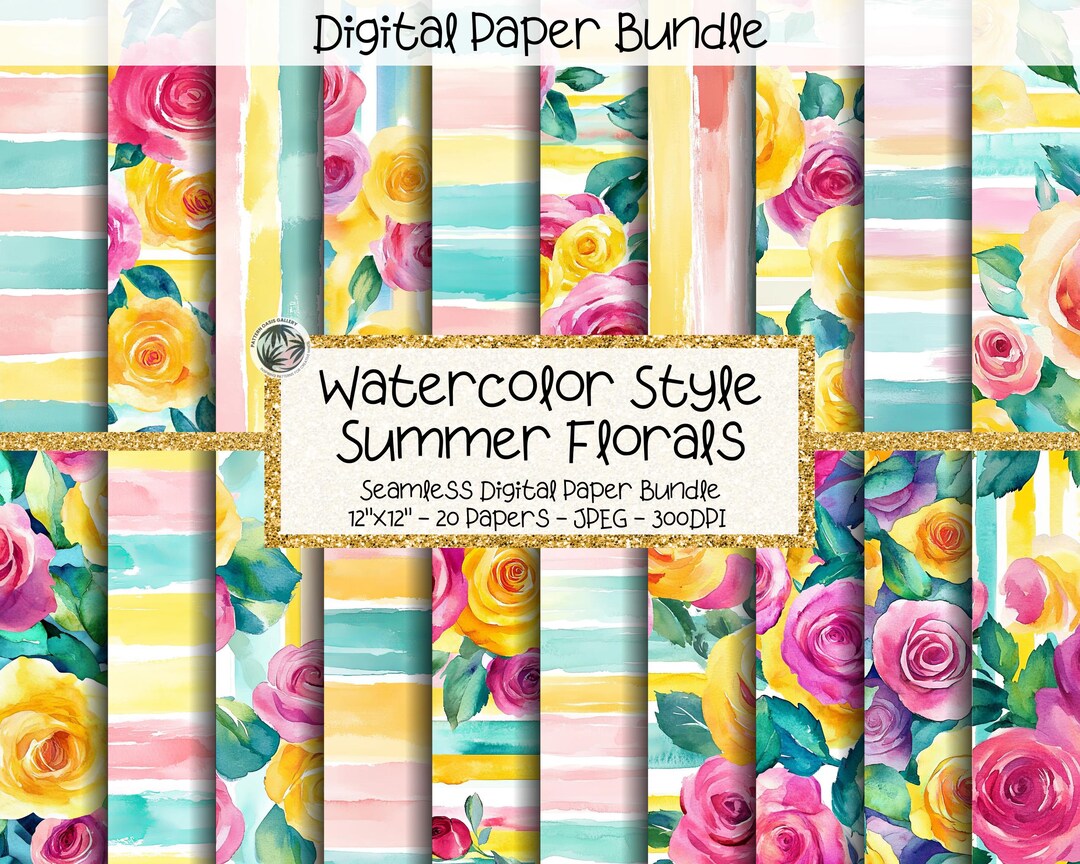 Watercolor Flowers Stripes Digital Paper Pack, Seamless Floral Stripe ...
